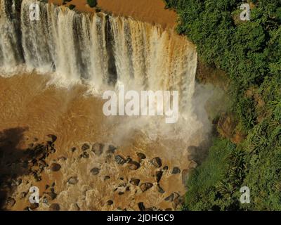 Aerial view of Awang waterfall at Ciletuh Palabuhanratu Unesco Global ...