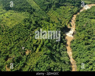 Aerial view of Awang waterfall at Ciletuh Palabuhanratu Unesco Global ...