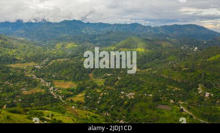 Top view of Ella is surrounded by green hills with tea plantations and ...