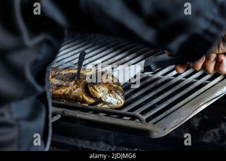 process of grilling whole Sea Bream fish on a barbecue grill over hot ...