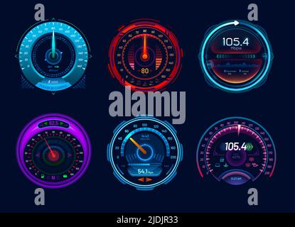 Futuristic car speedometer gauge dials, neon led speed meter, vector ...