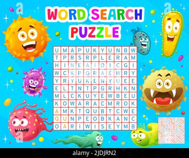 Cartoon viruses, microbes and germs, word search puzzle game worksheet ...