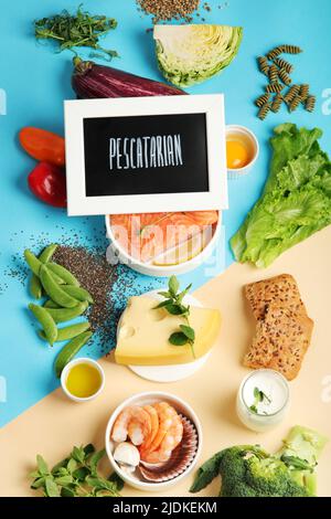 Pescatarian diet on colourful background. Vegetarian diet that includes ...