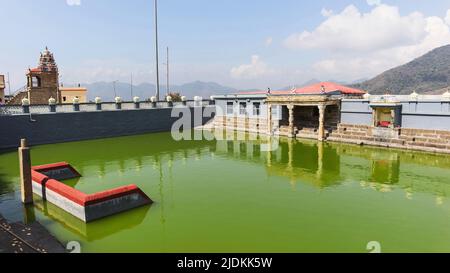 Temple pond of an ancient Indian temple, Tamil Nadu, Mahabalipuram city ...