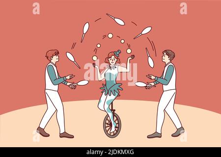 Juggling People Vector. Man, Woman Juggling On Unicycle. Illustration ...