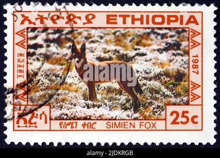 ETHIOPIA - CIRCA 1987: a stamp printed in Ethiopia shows Simien fox ...