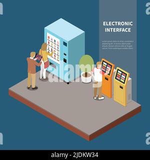 Electronic interfaces isometric composition with people using touch screen of vending machine ...