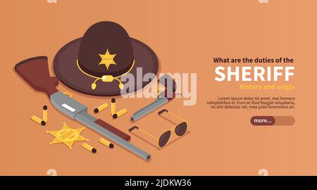 Isometric sheriff horizontal banner with editable text slider button ...