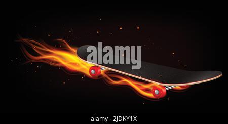Skateboard on fire at dark background with sparks demonstrated effect ...