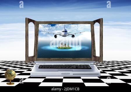 Computer with a imaginary window screen with monuments from around the ...