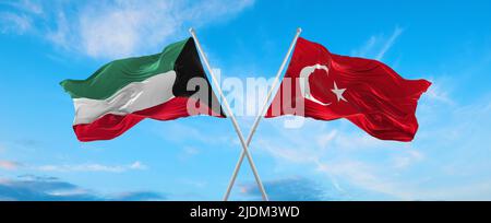 Kuwait and Turkey flag waving together in the wind on blue sky, two ...