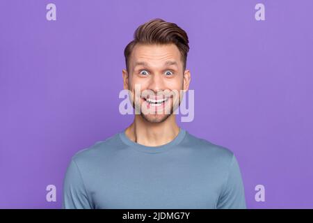 Photo of impressed nice brown hair girl look empty space wear yellow ...