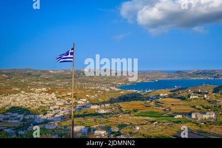 Greece, Milos, Greek flag over Plaka Stock Photo - Alamy