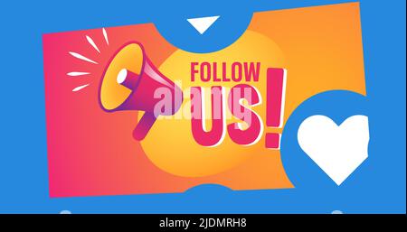 Image of falling icons over fallow us text with megaphone over blue ...