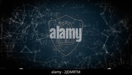 Image of connections, data and digital shield with padlock on blue ...