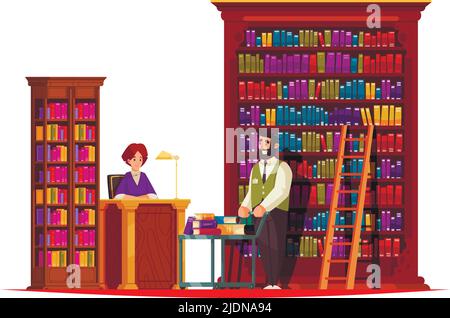 Old library book composition with tall wooden cabinet racks and doodle ...