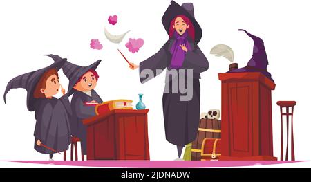 Magic school composition with view of class with pupils in hats and ...