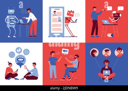 Chatbot support service concept 6 colorful flat compositions with ...