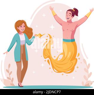 Genie spirit concept with wish and magic symbols cartoon vector ...