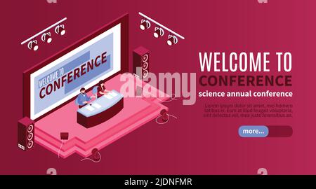 Isometric expo stand exhibition horizontal composition with text and ...