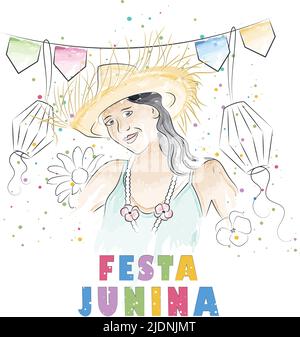 festa junina brazil party woman wearing traditional clothes cartoon ...