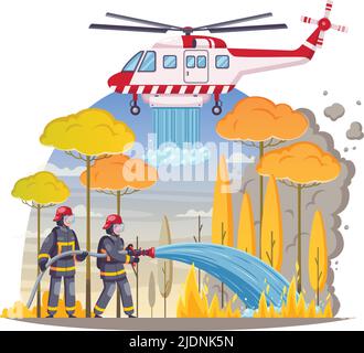 Firefighters cartoon composition with outdoor landscape and burning ...