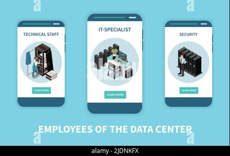 Three vertical datacenter isometric banner set with employers of the ...