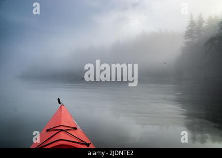 Bright red kayak slips through the morning mist on the calm water of ...