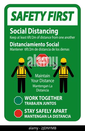 Safety First Bilingual Social Distancing Construction Sign Isolate On White Background,Vector ...