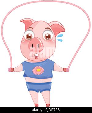 Cute cartoon pig jumping with skipping rope. Vector fitness ...