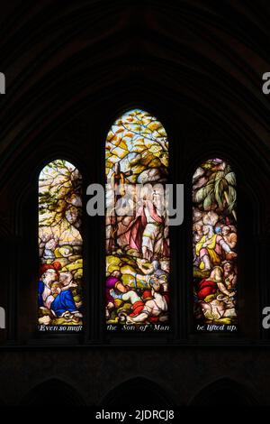 Triptych stained glass window of Moses, at the east end of the ...