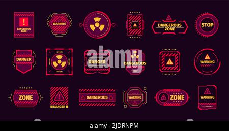 HUD danger, warning and alert attention red vector frames or signs. Sci ...