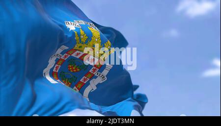 Rear view of Mellla city flag waving in the wind on a clear day Stock ...