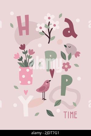 Happy Spring Time vector poster template with poppy and orchid flowers ...
