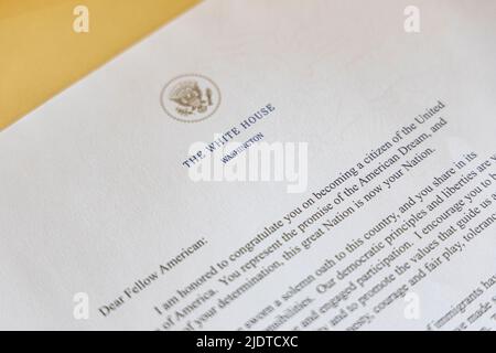 US citizenship welcome letter from President Stock Photo - Alamy