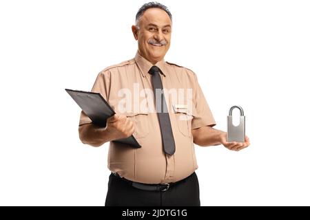 Security guard holding a padlock and a clipboard isolated on white ...