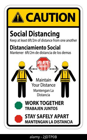 Caution Bilingual Social Distancing Construction Sign Isolate On White ...