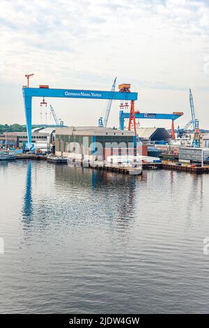Shipyard German Naval Yards, crane, submarine in dry dock, Kiel Week ...