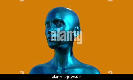3d illustration. Portrait of a blue bald woman on a red background ...