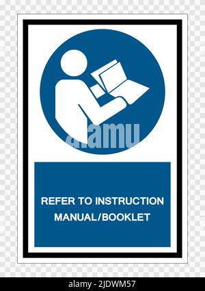 Refer to instruction manual sign. Vector illustration of circular blue sign with open book and ...