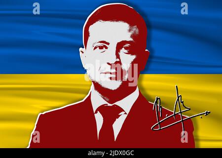 Volodymyr Zelensky, Ukrainian flag and signature Stock Photo - Alamy