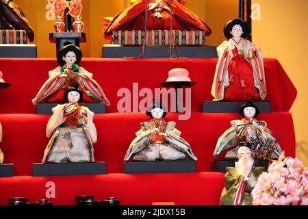 Traditional Japanese dolls in Juunihitoe style kimono and craft models ...