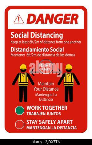 Danger Bilingual Social Distancing Construction Sign Isolate On White ...