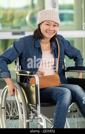 Wheelchair in disability friendly lobby used for physical recovery on ...