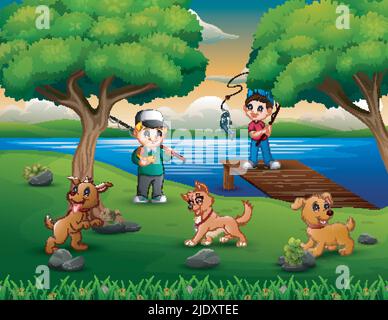 Happy boy fishing on wooden boat illustration Stock Vector Image & Art ...