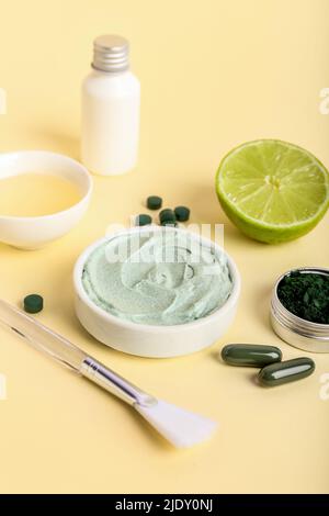 Composition with jar of spirulina facial mask, ingredients and bath ...