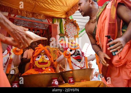Hindu priests pour milk on top of deities Lord Jagannath, Balabhadra ...