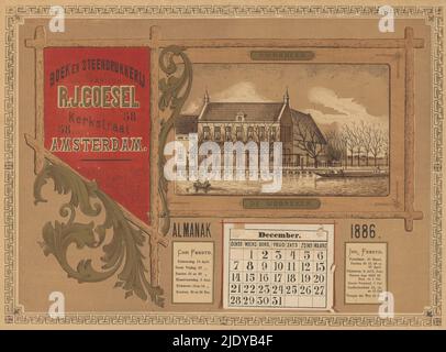 Calendar for 1886, Ornamental frame with a view of a waterfront ...