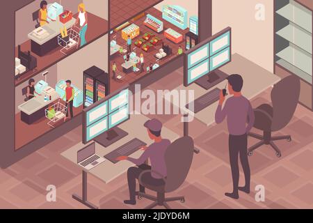 Supermarket security background with guards watching visitors of store ...