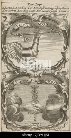 Harnessed arm with spear / two hands and a staff with a crowned ...